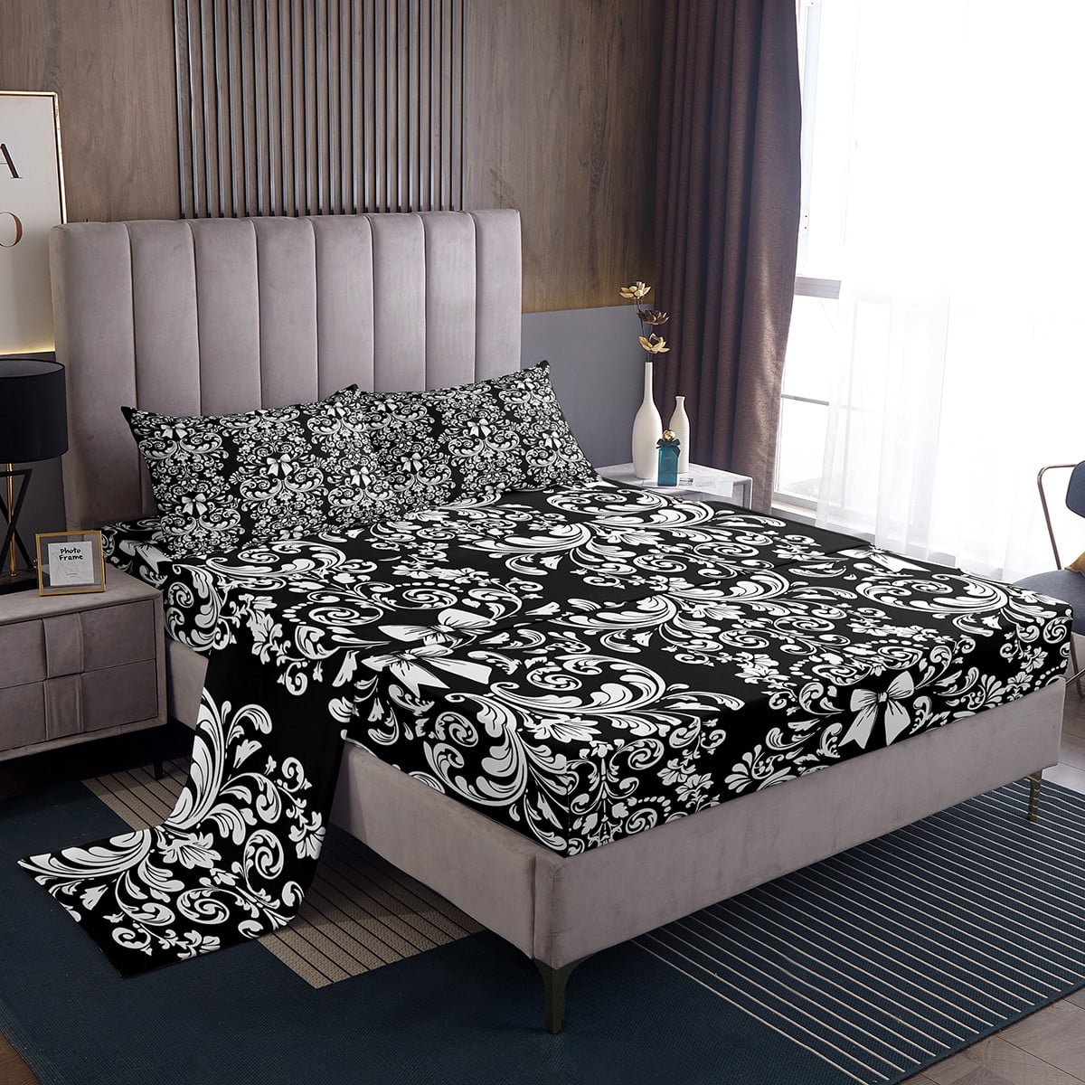 Black White Bowknot Bed Sheets Set Antique Victorian Damask Sheets ...
