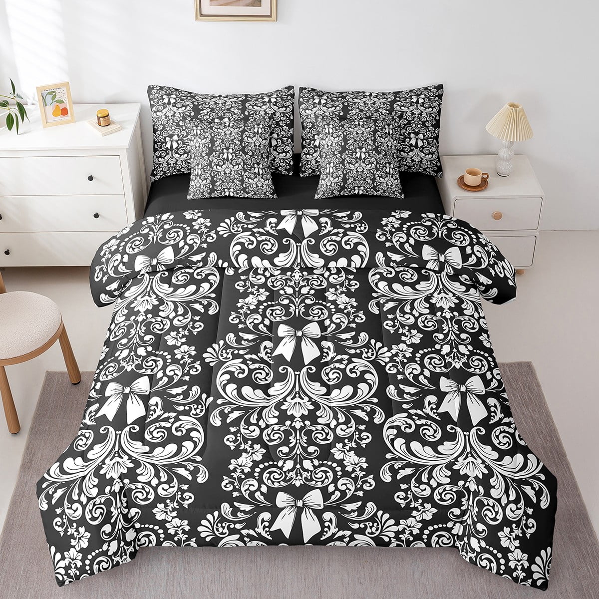 Black White Bowknot Comforter Set 7 Piece Bed in a Bag Twin,Antique ...