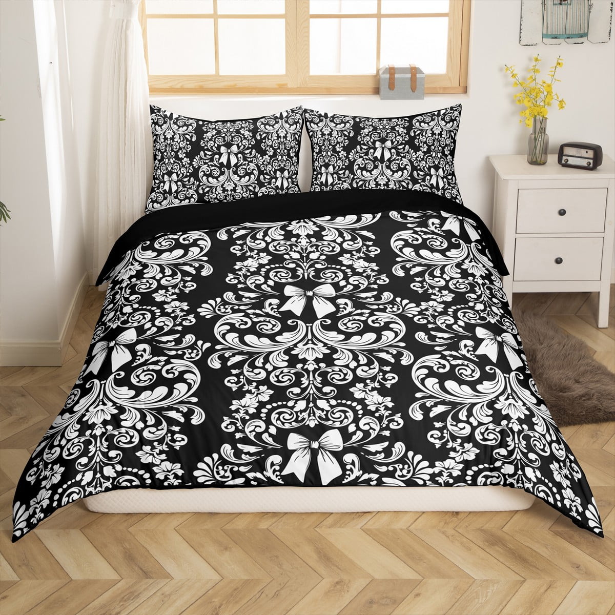 Black White Bowknot Duvet Cover Set Antique Victorian Damask Comforter ...