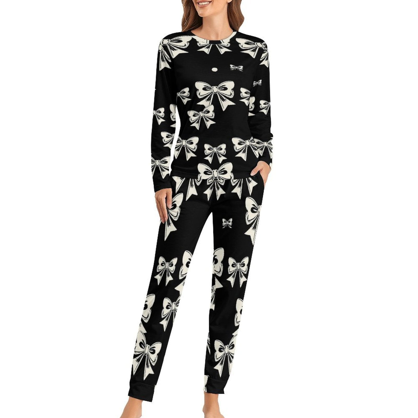 Black White Bows Pattern Pajamas 2 Pieces Pajama Sets Woman Long Sleeve ...
