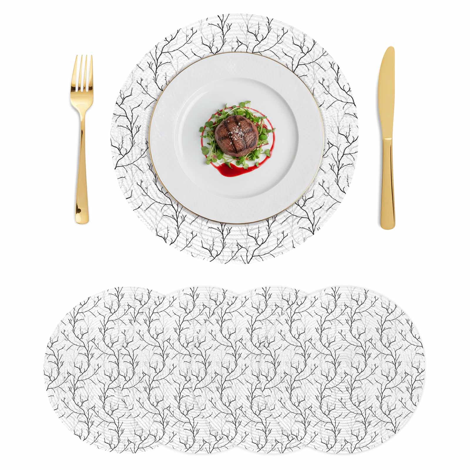 Black White Branches Round Placemats Set of 4 Vintage Art Farmhouse ...
