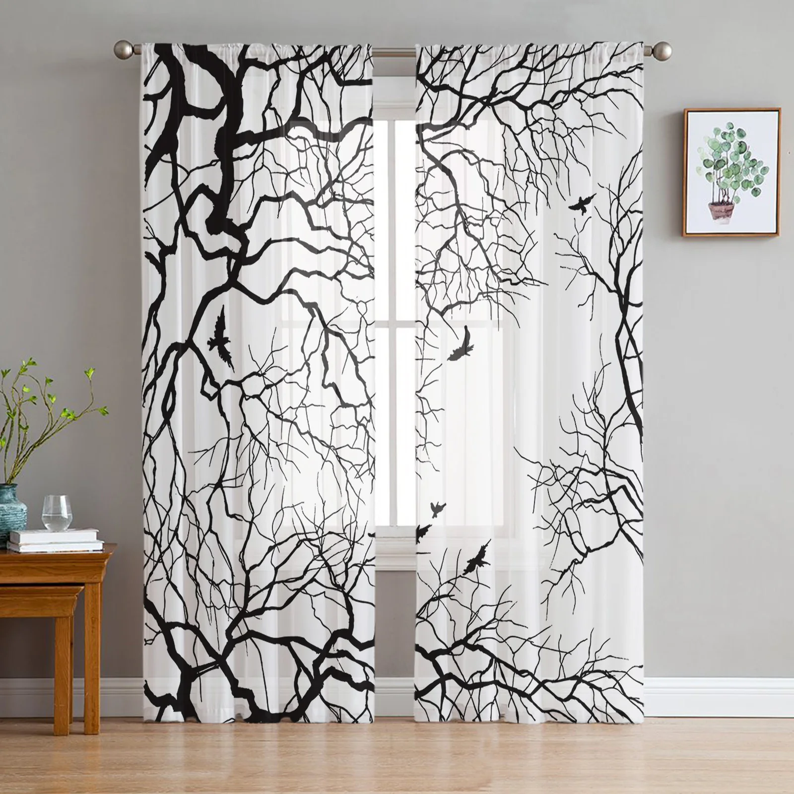 Black White Branches Window Curtains Bedroom Modern Drape Sheer Tulle ...