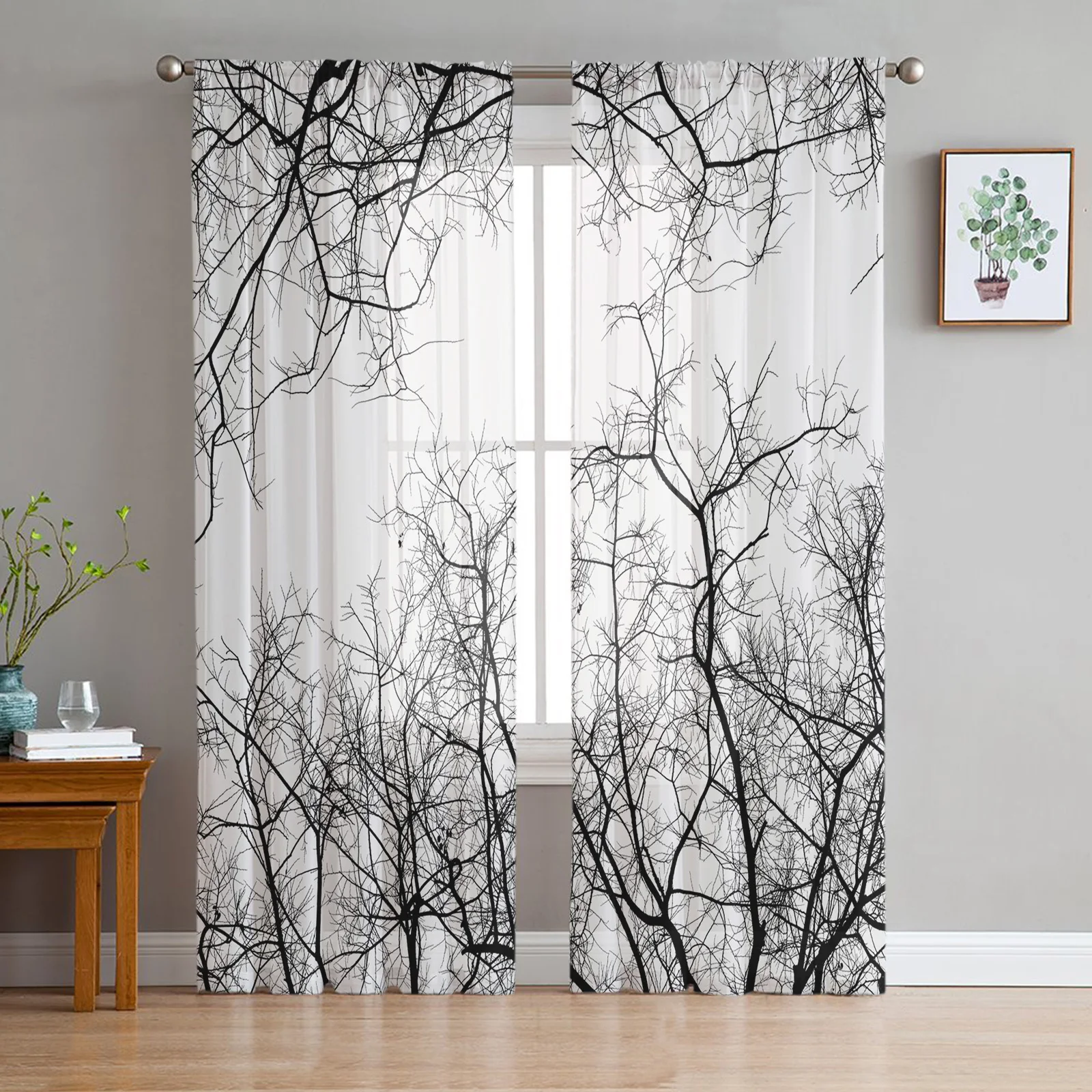Black White Branches Window Curtains Bedroom Modern Drape Sheer Tulle ...
