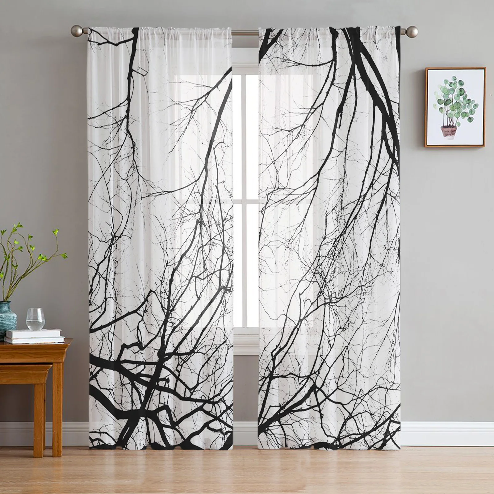 Black White Branches Window Curtains Bedroom Modern Drape Sheer Tulle ...