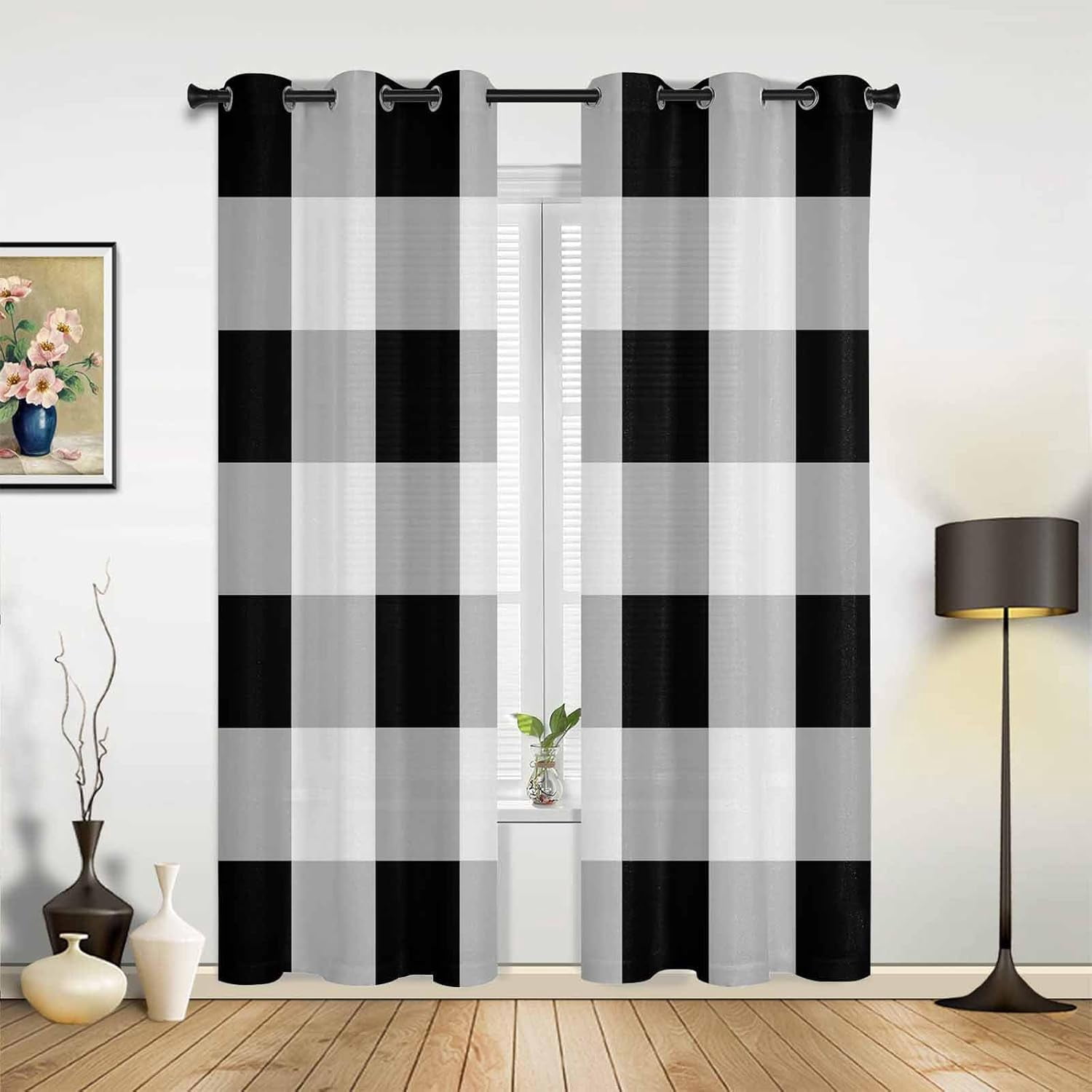 Black White Buffalo Check Blackout Window Curtains 84 Inch Length 2 ...