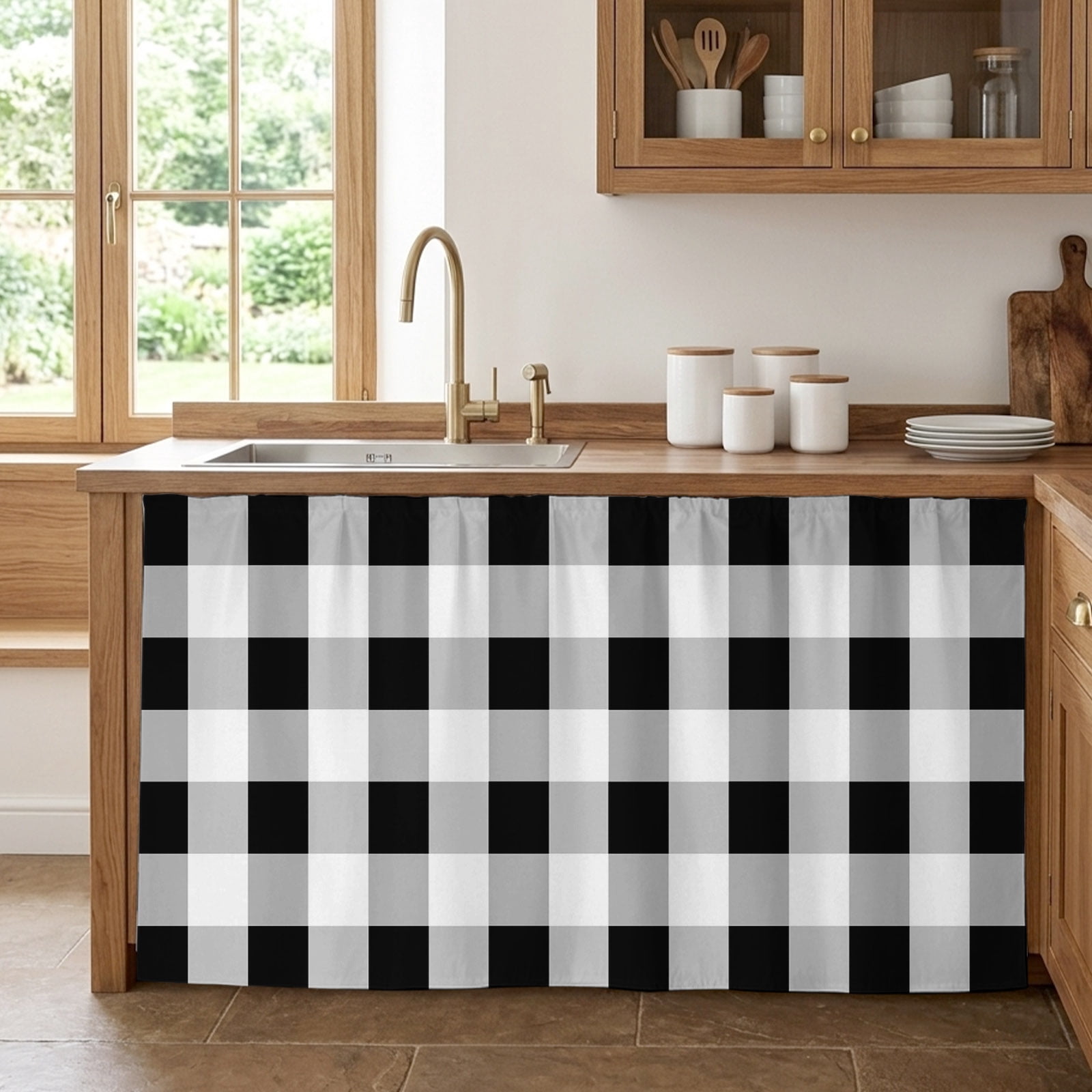 Black White Buffalo Check Cabinet Curtains 28"W x 51"L, Farmhouse Plaid ...