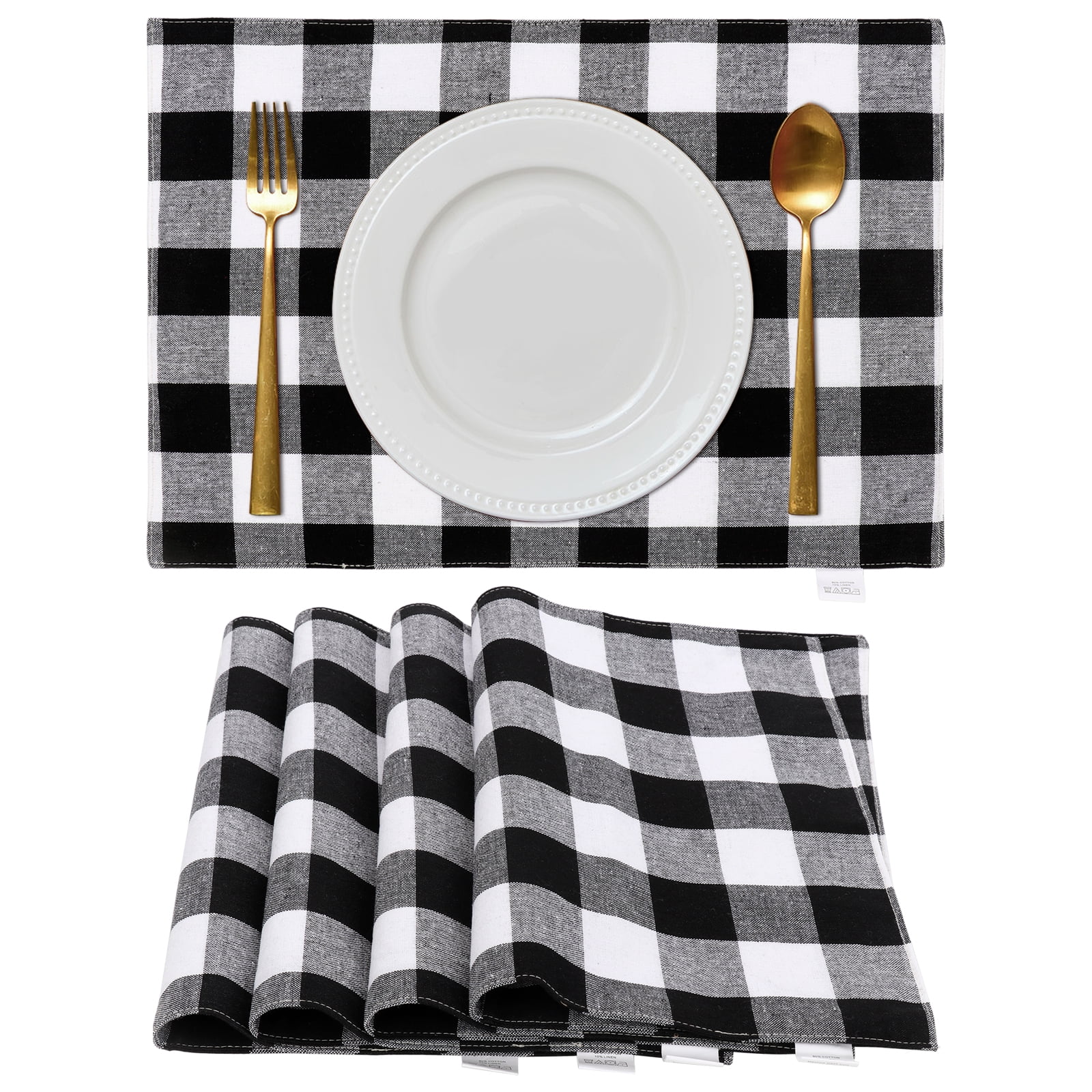 Whataatahia Black & White Buffalo Check Placemats, Set of 4, Dual Layer ...