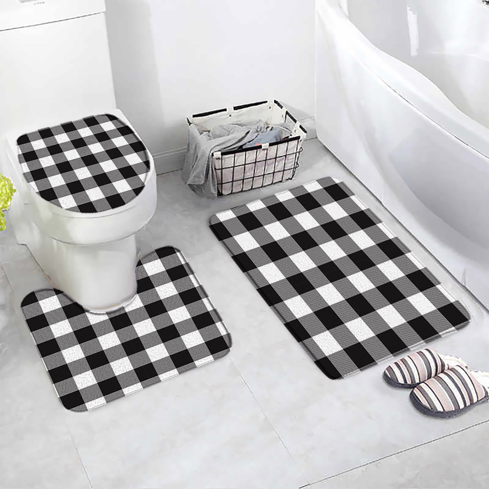 Black White Buffalo Plaid Bath Mats Sets Gray Square Creative Geometric ...