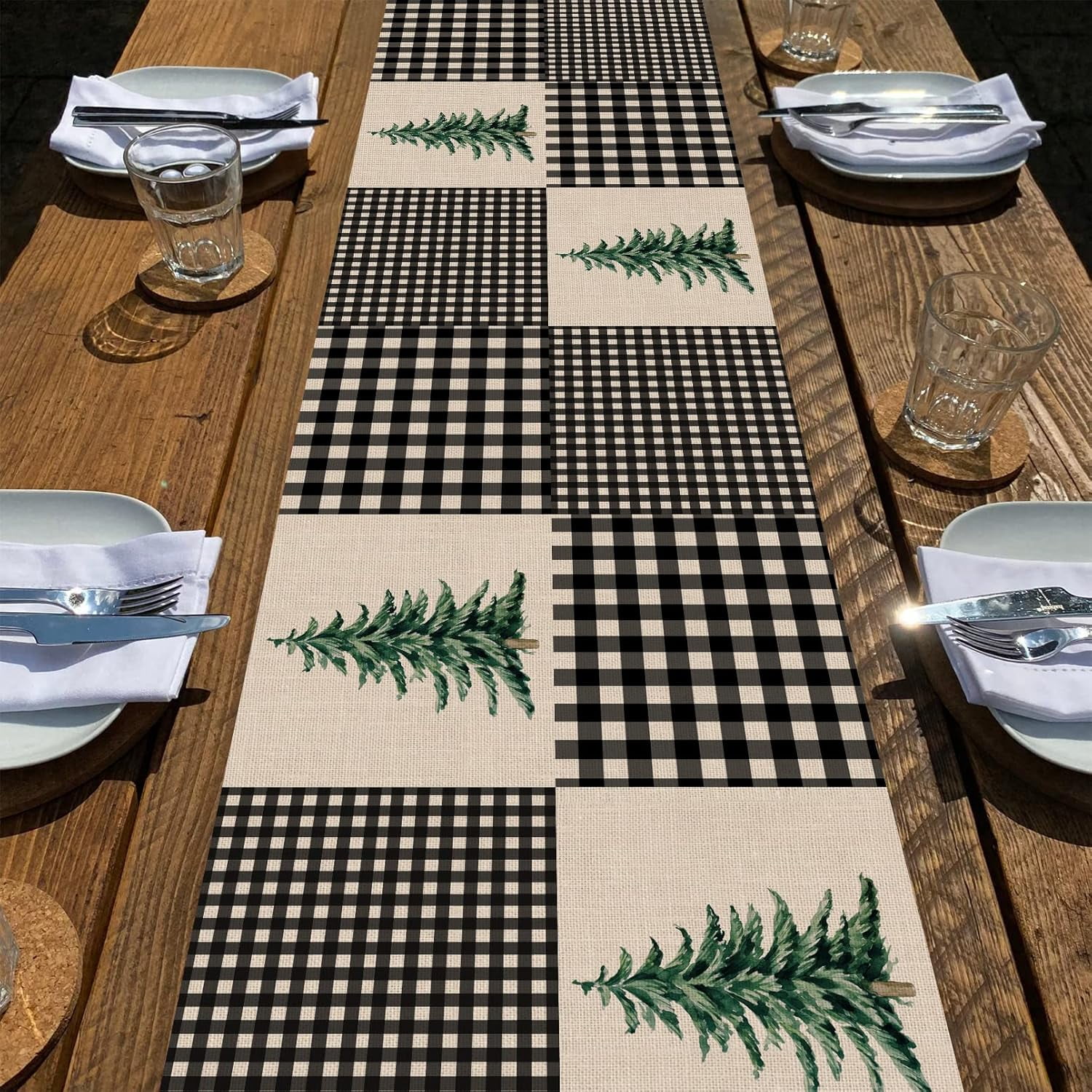 Black White Buffalo Plaid Check Table Runner, Pine Tree Winter Home ...