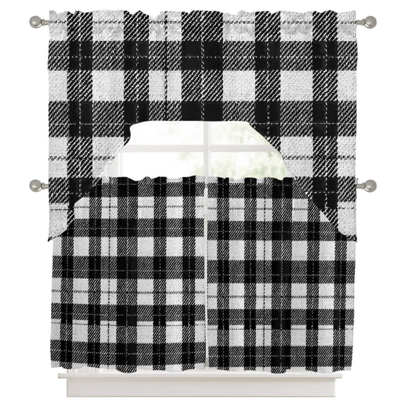 Black White Buffalo Plaid Kitchen Curtains Swag Valance and Tier ...