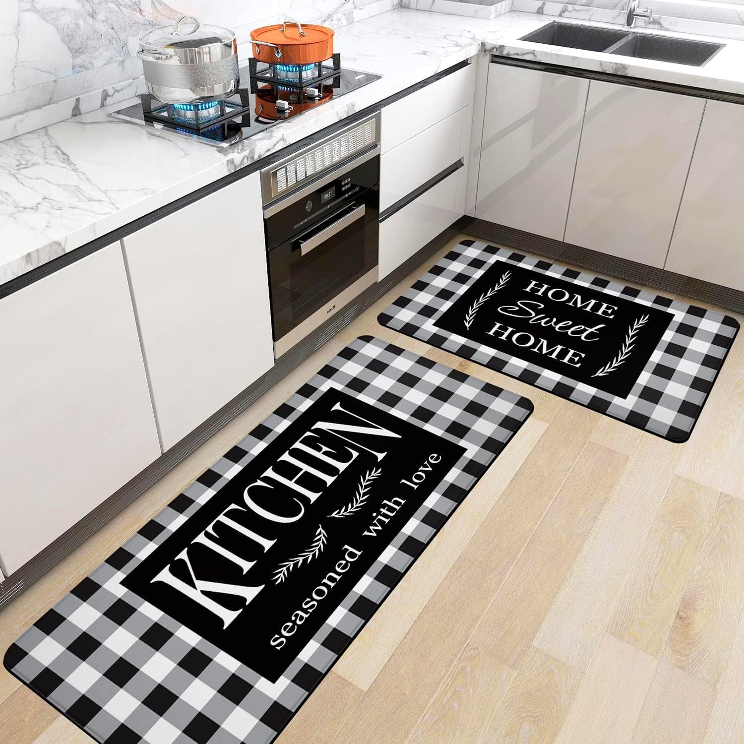 Black and White Buffalo Plaid Kitchen Rugs, Set of 2 Farmhouse Kitchen ...