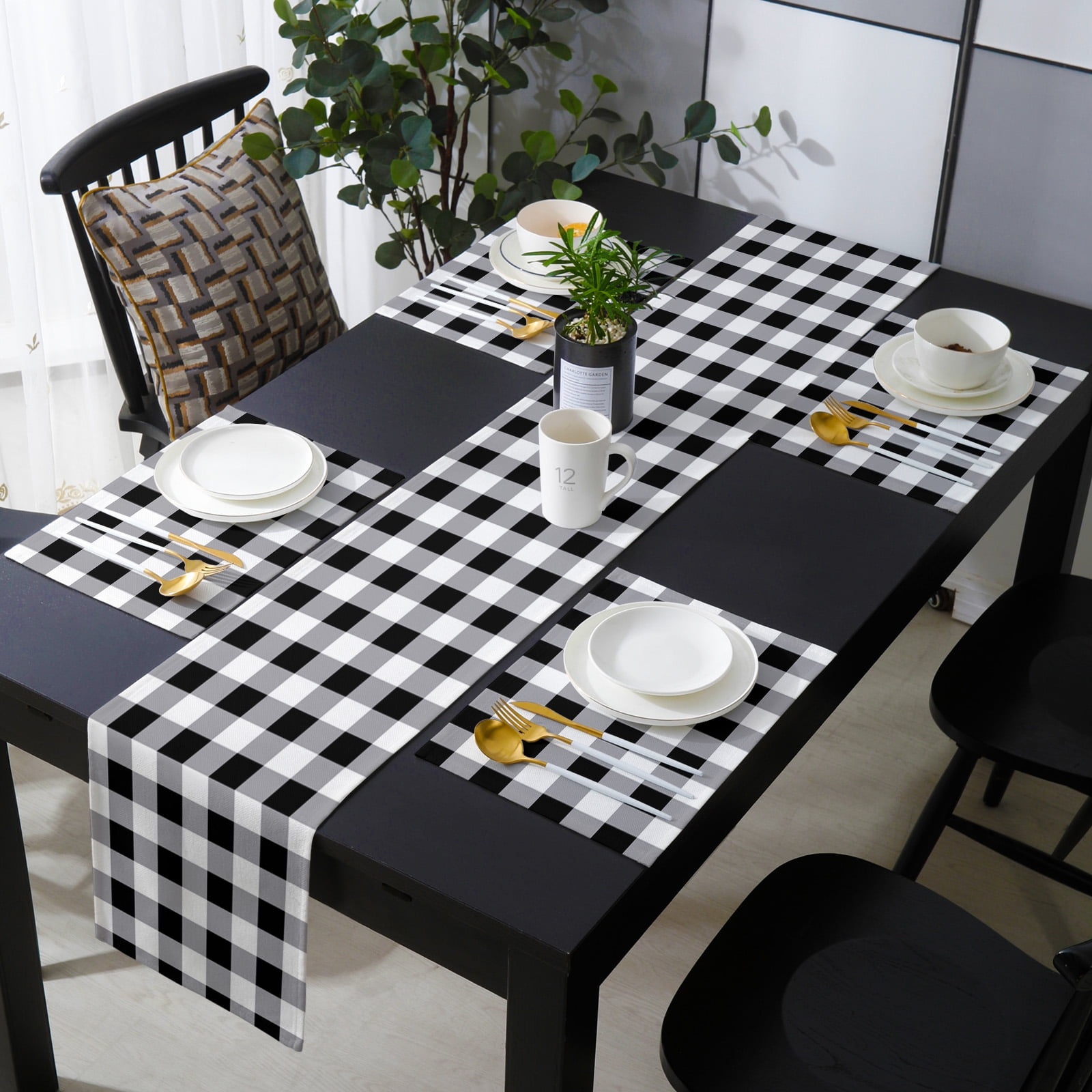 Black and White Buffalo Plaid Placemats Set of 6 with 70 Inches Long ...