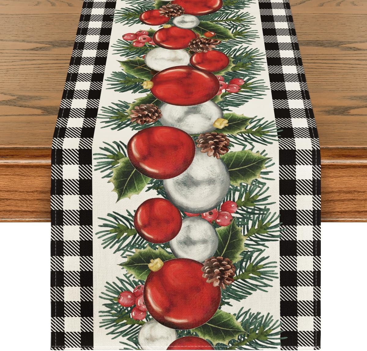 Black White Buffalo Plaid Xmas Ball Holly Christmas Table Runner ...