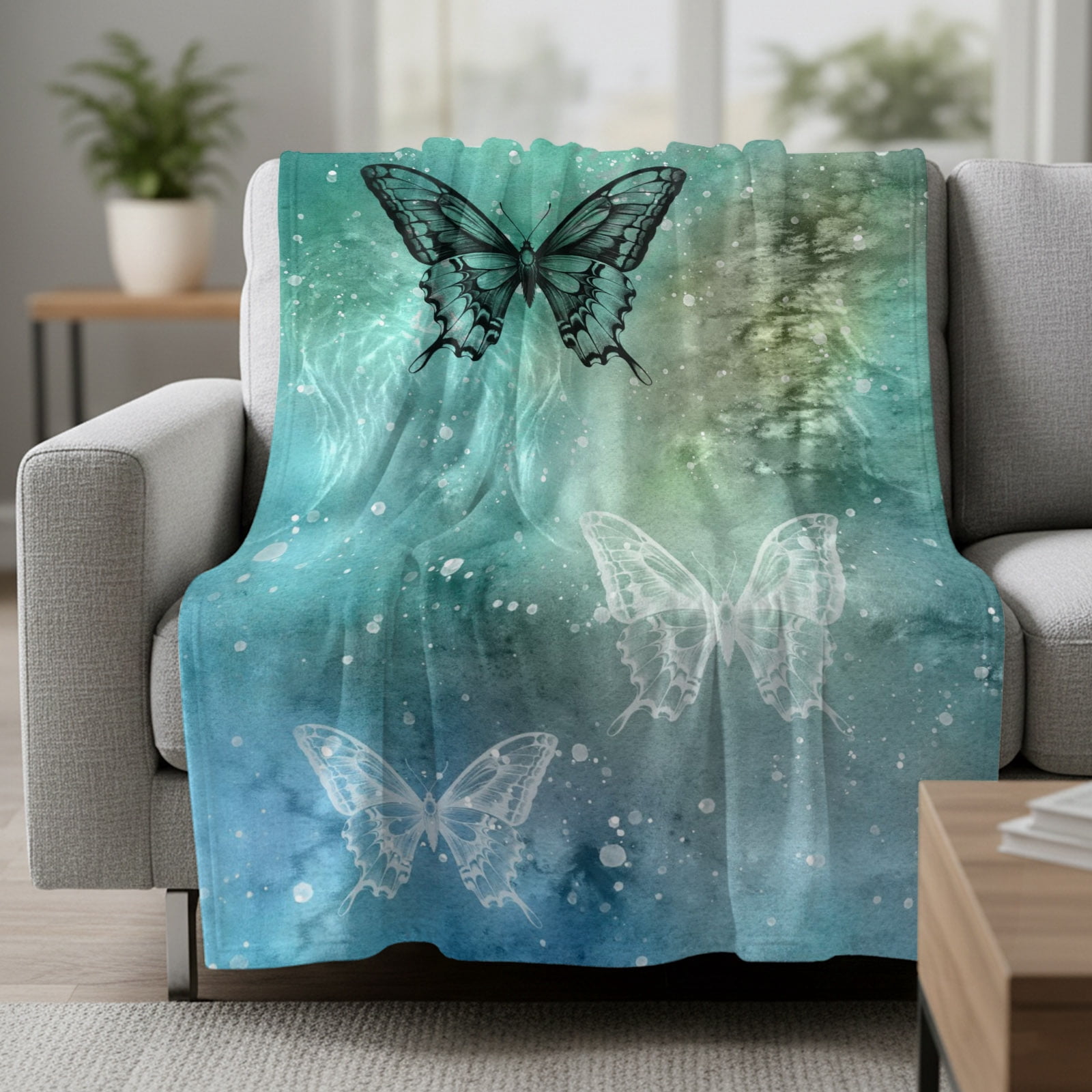 Black White Butterfly Fleece Throw Blanket Vintage Turquoise Sea Water ...