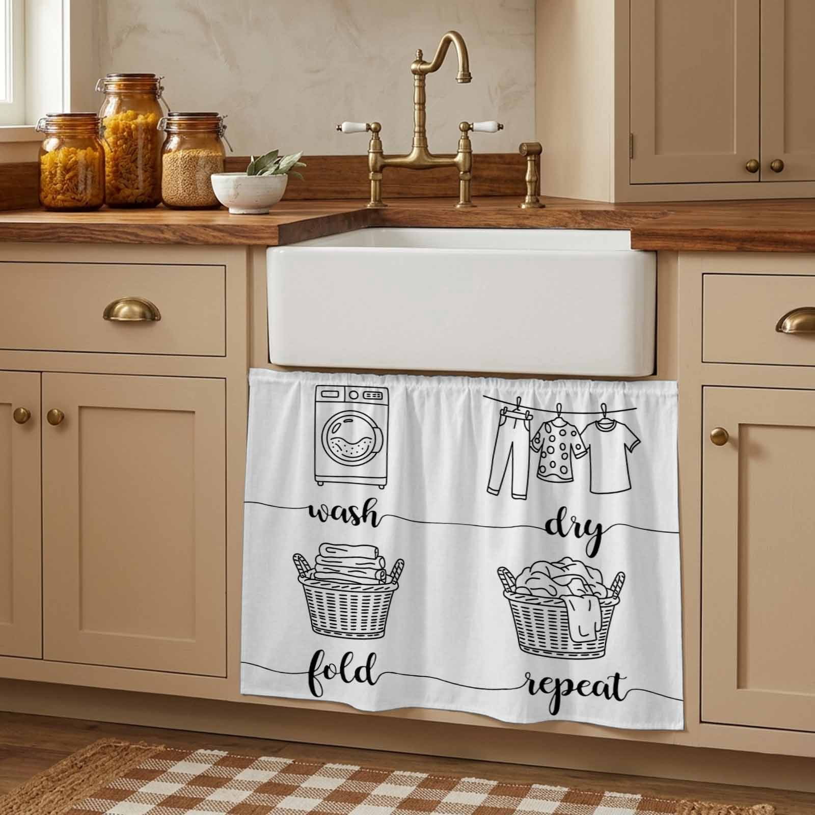 Black White Cabinet Curtains 28"W x 35"L, Cartoon Farmhouse Retro Under ...