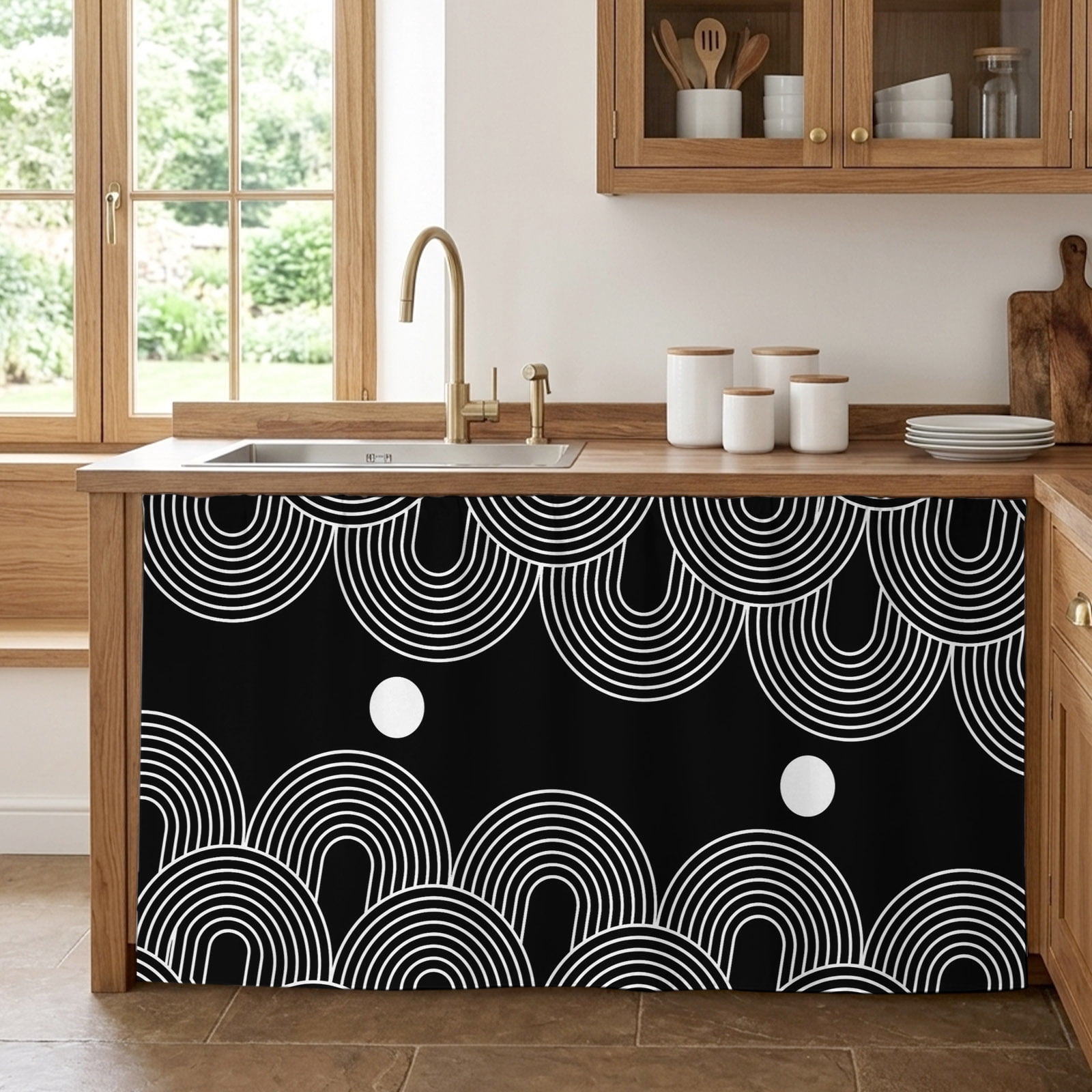 Black White Cabinet Curtains for Kitchen 32"W x 55"L, Abstract Line ...