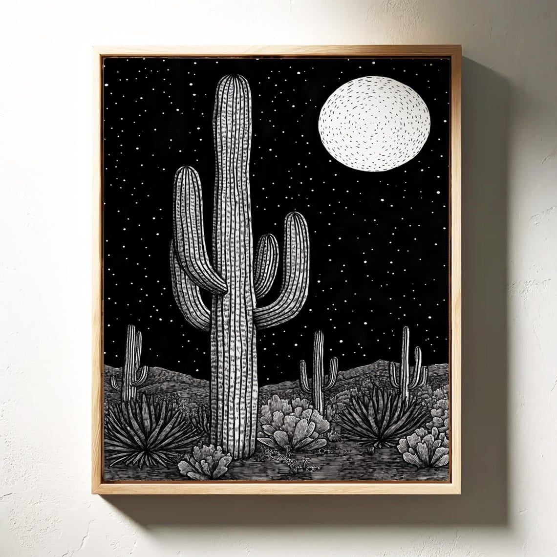 Black And White Cactus - Vintage Desert Night Illustration With Moon ...