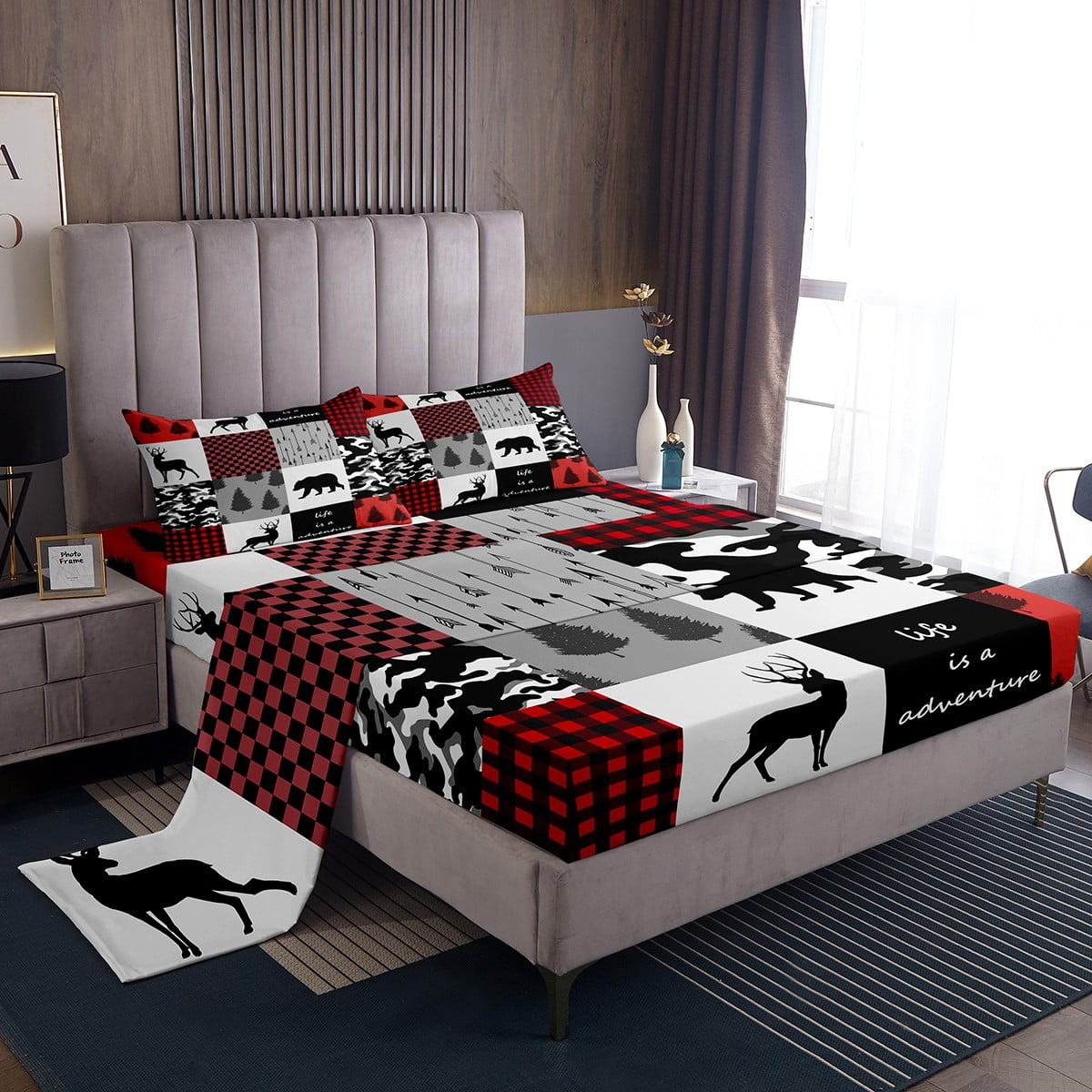 Black and White Camouflage Sheet Set Woodland Wildlife Bear Elk Deer ...