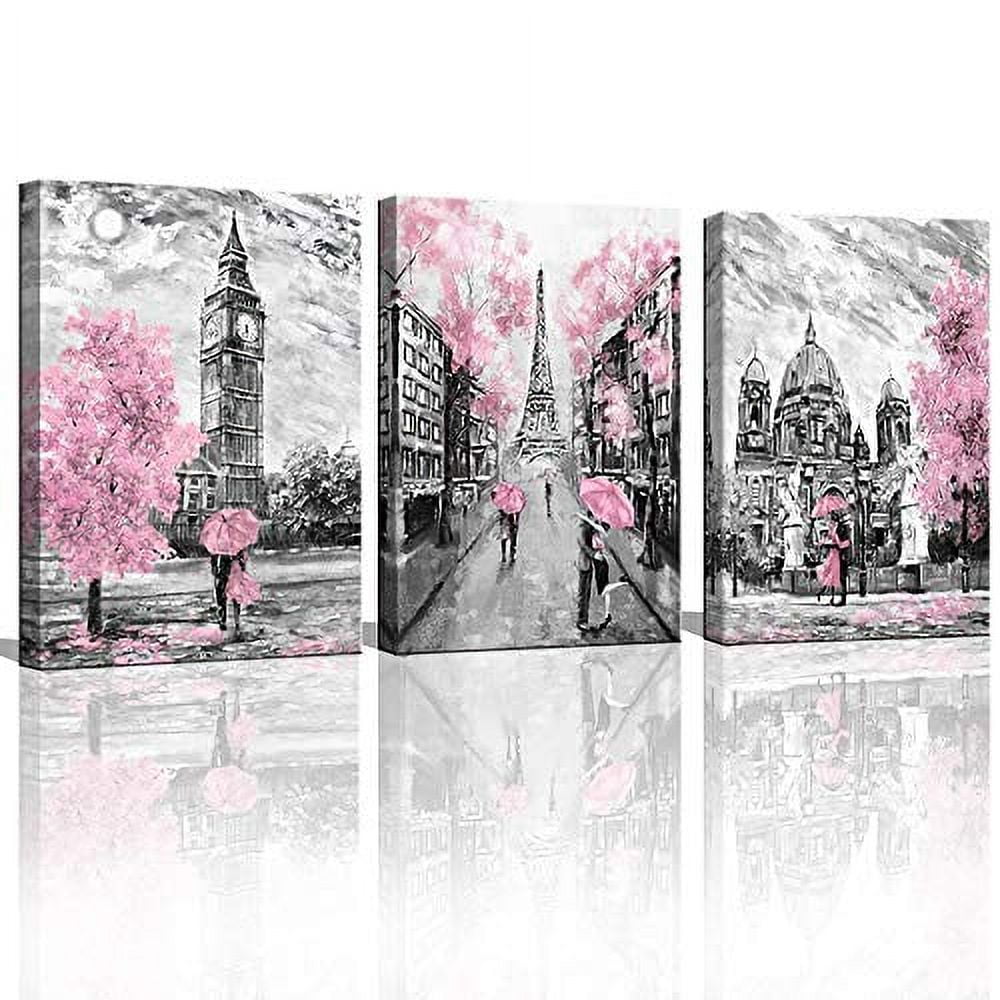 Paris Theme Wall Art: Black & White Canvas with Pink Accents for Home ...