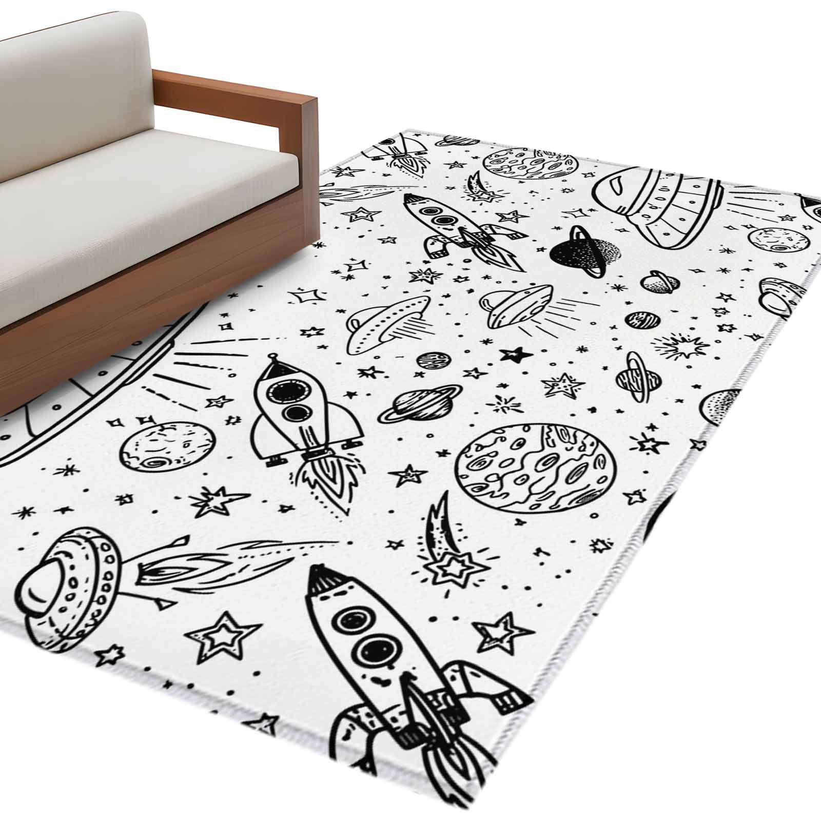 Black White Cartoon Space Area Rug 4x6 Washable Rug Non Slip Star ...
