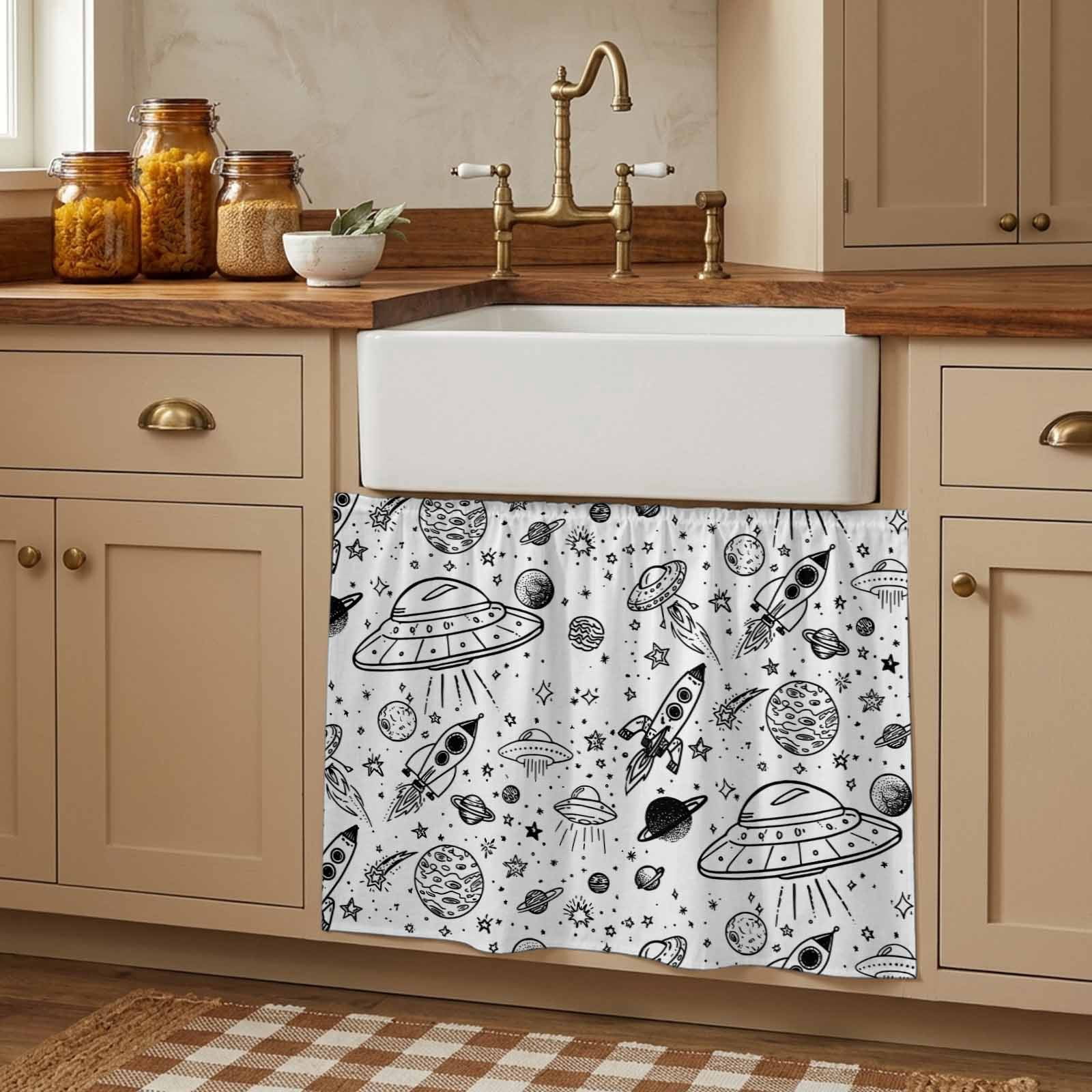 Black White Cartoon Space Cabinet Curtains 28"W x 35L, Star Spacecraft ...