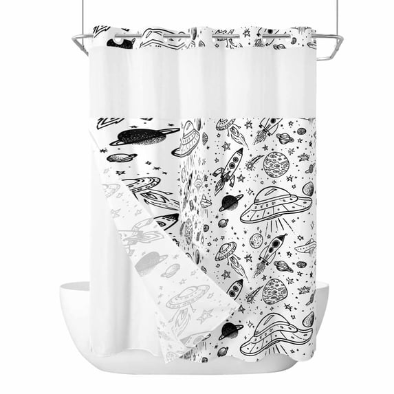 Black White Cartoon Space No Hook Shower Curtain with Snap in Liner ...