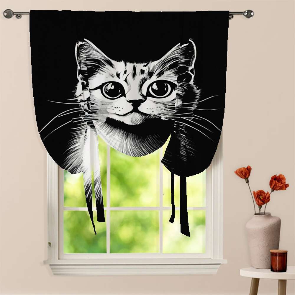 Black White Cat Art Print Window Curtain for Living Room Roman Curtain ...