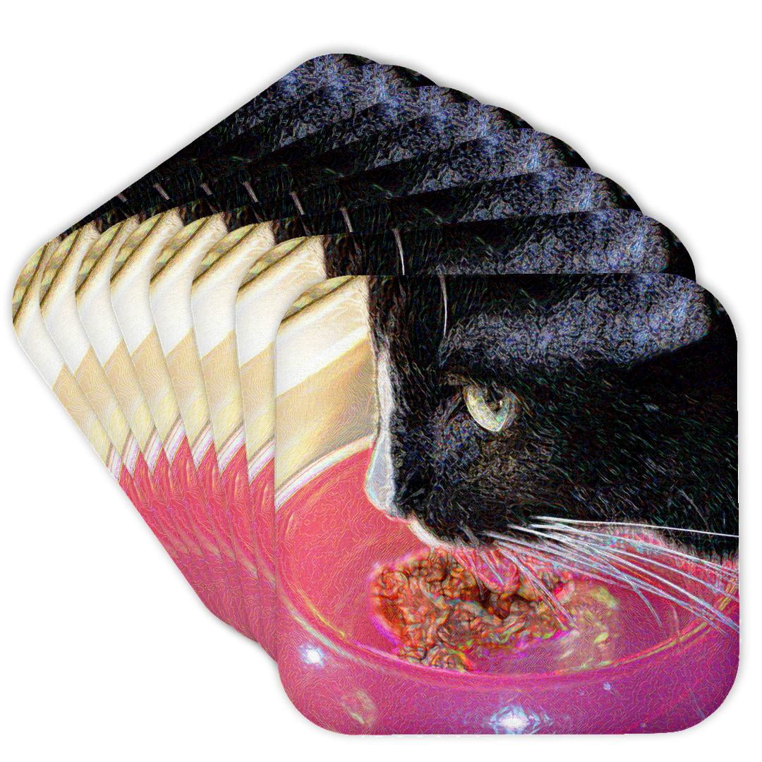 3drose, Black White Cat Head Pink Bowl Sparkle, Set of 8 Coasters ...