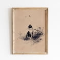 Black White Cat In Meadow Floral Cat Sketch Vintage Cat Handdrawn ...