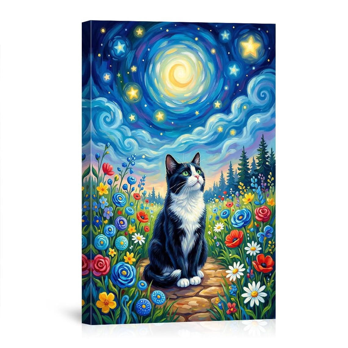 Black White Cat In Starry Night Flower Field Inspired Nature Landscape ...