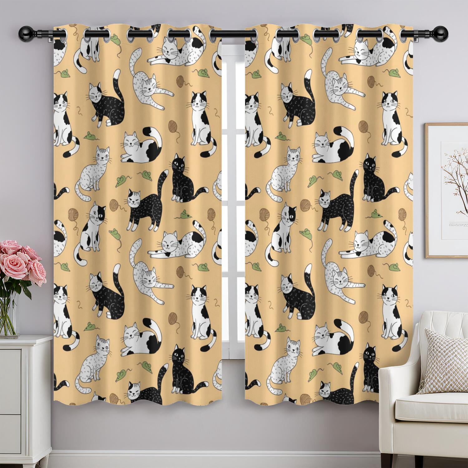 Black and White Cat and Mouse Orange Pattern Blackout Curtains,Triple ...