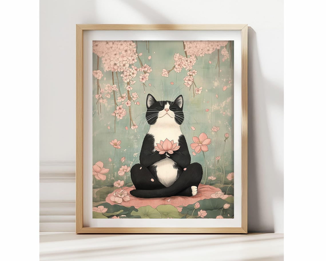 Black And White Cat Poster Tuxedo Cat Meditating Zen Wall Art Funny Cat ...