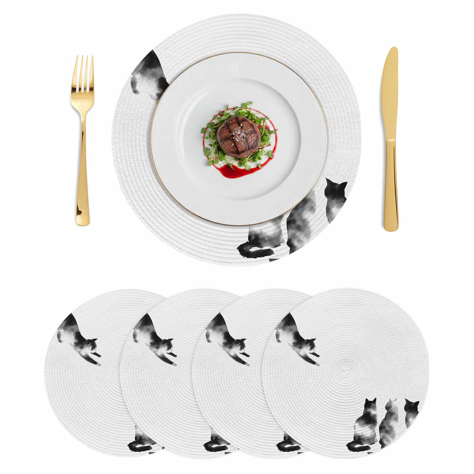 Black White Cat Round Placemats Set of 4 Retro Art Animals Place Mats ...