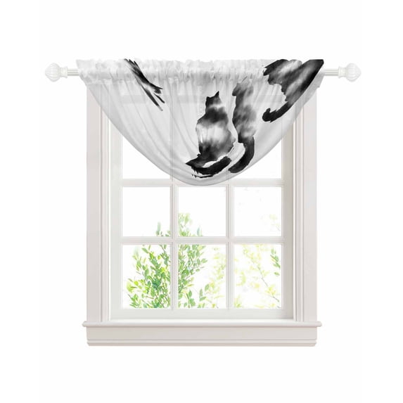 Black White Cat Sheer Waterfall Valance Curtains for Window, Retro Art ...