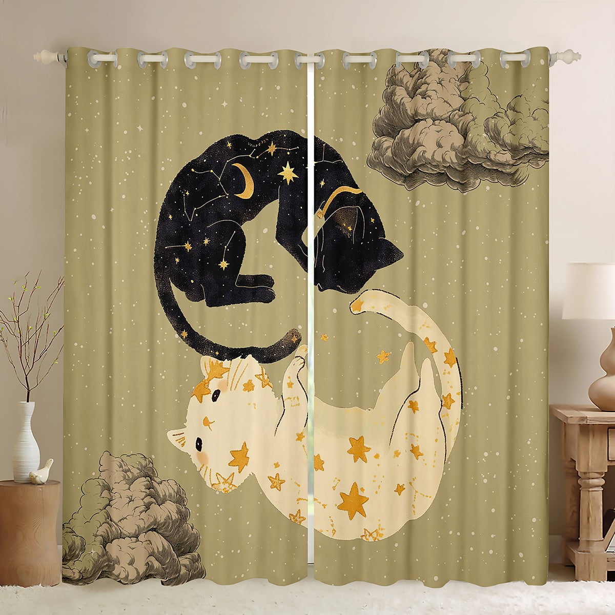 Black and White Cat Window Curtain,Moon Stars Constellation Curtains ...