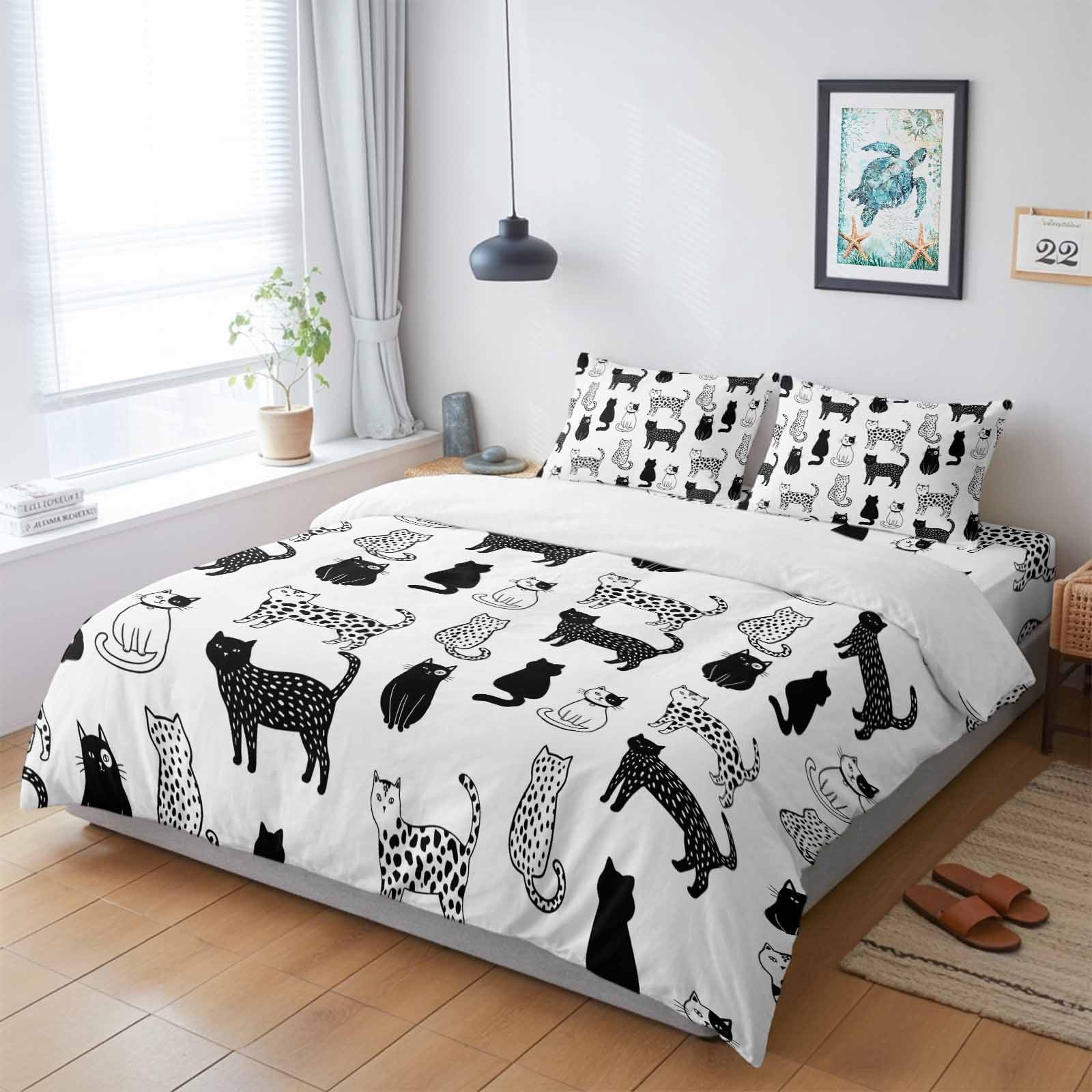 Black White Cats King Size Bed Set,Cute Spotted Leopard Print Kitty ...