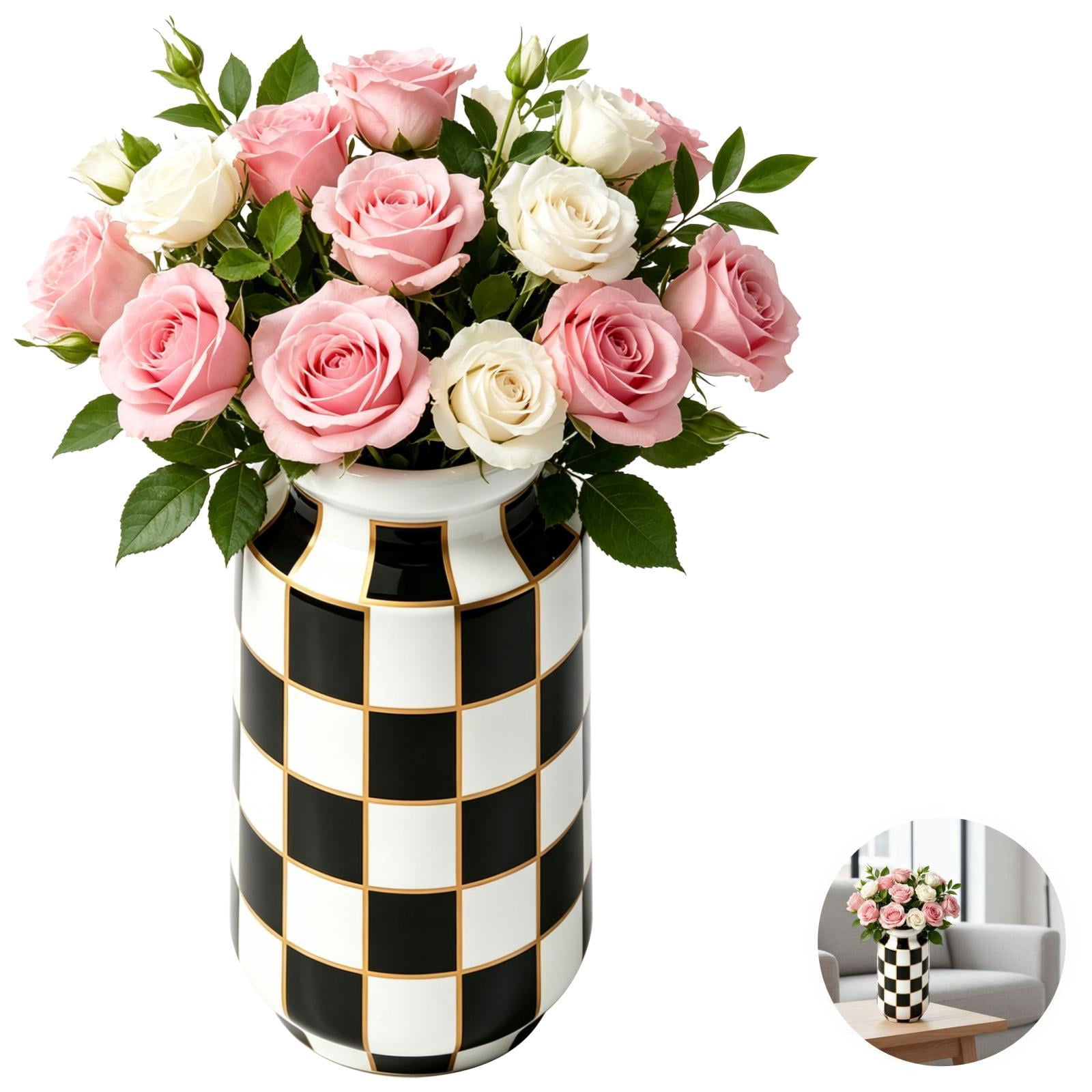 Black and White Ceramic Vase, 7.68" Checkered Minimalist Decorative ...