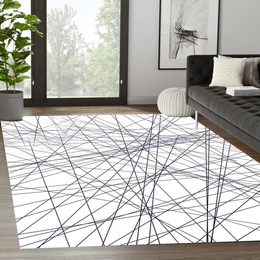 Black White Chaotic Lines Modern Abstract Area Rugs Washable Soft Cool ...