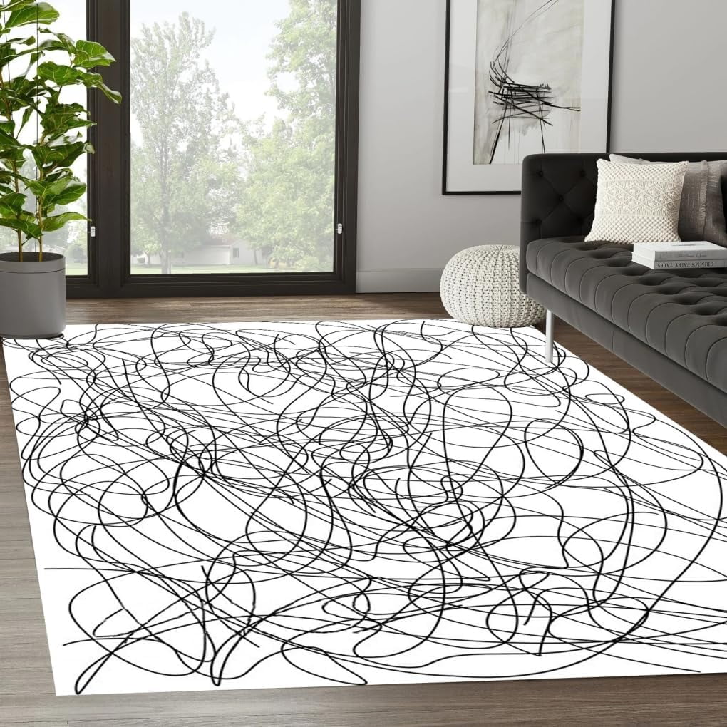 Black And White Chaotic Lines Modern Abstract Area Rugs Washable Soft ...