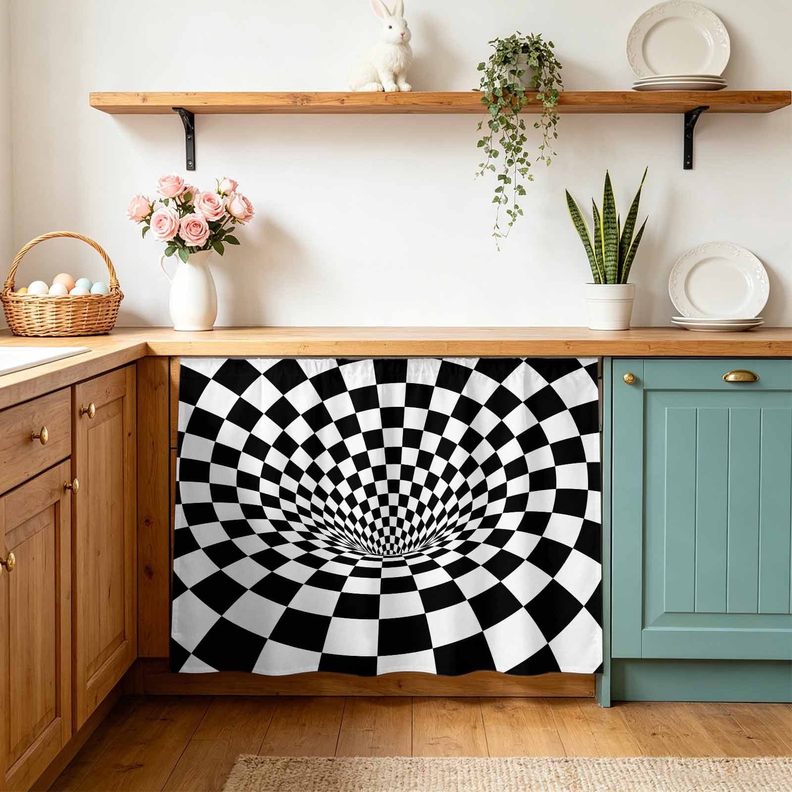 Black White Checker Cabinet Curtains 11" W x 13" L Modern Abstract ...