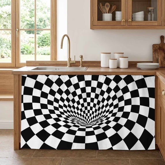 Black White Checker Cabinet Curtains 28" W x 51" L, Modern Abstract ...