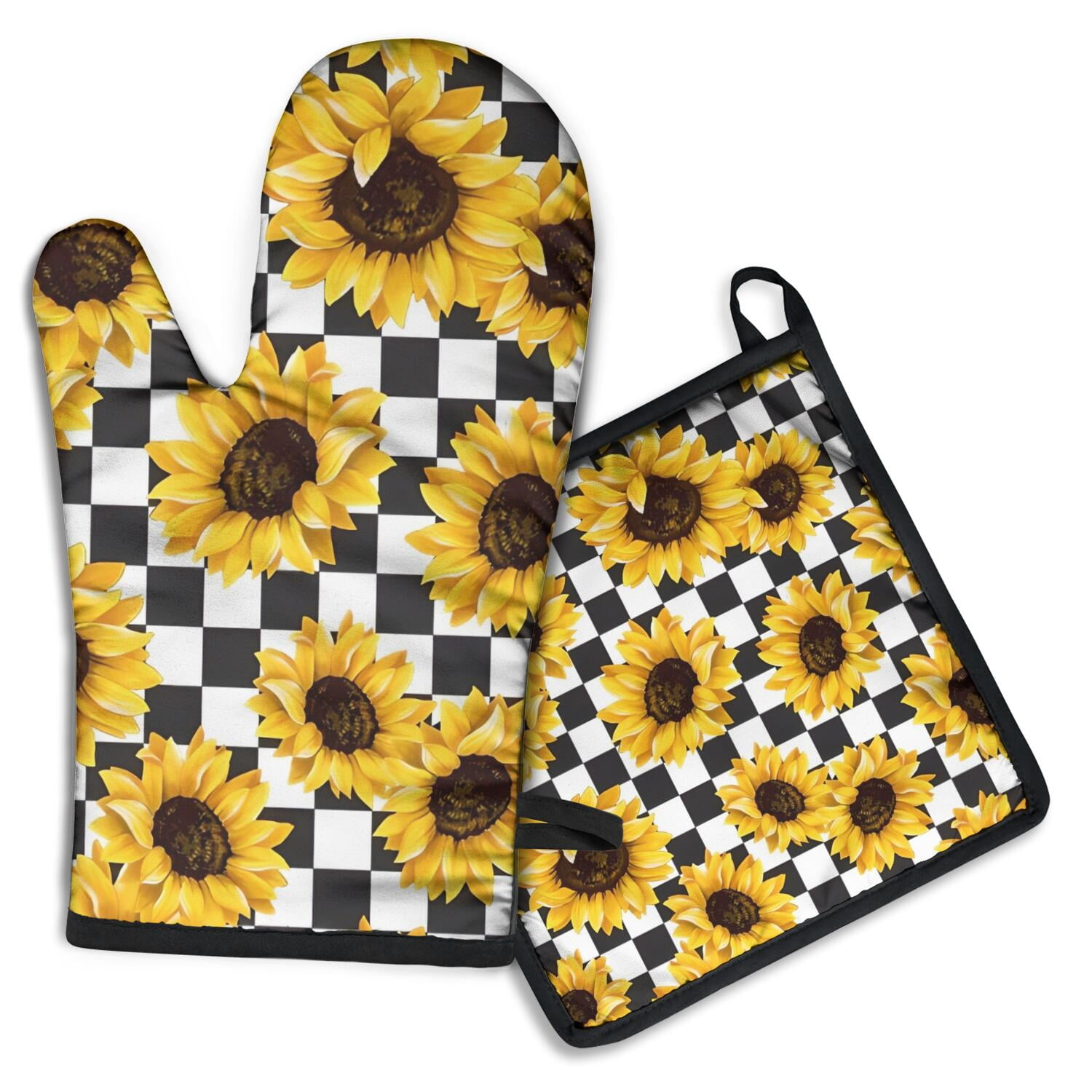 Black White Checker Sunflower Pattern Kitchen Oven Mitt and Pot Holder ...