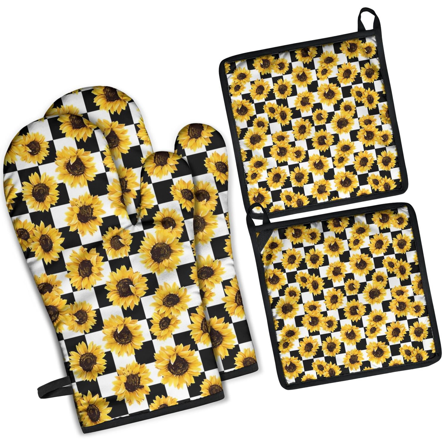 Black White Checker Sunflower Pattern Kitchen Oven Mitt and Pot Holder ...