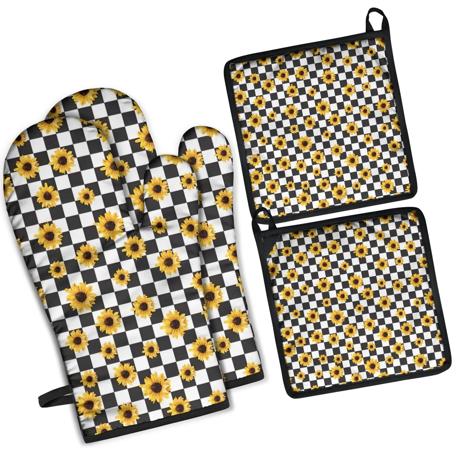 Black White Checker Sunflower Pattern Kitchen Oven Mitt and Pot Holder ...