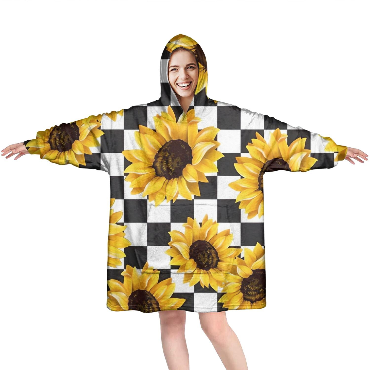 Black White Checker Sunflower Pattern Wearable Oversized Blanket ...