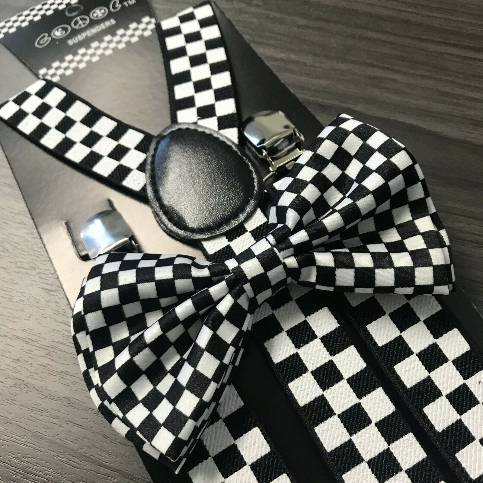 Black White Checker Suspenders and Bow Tie Matching Set Wedding Prom ...
