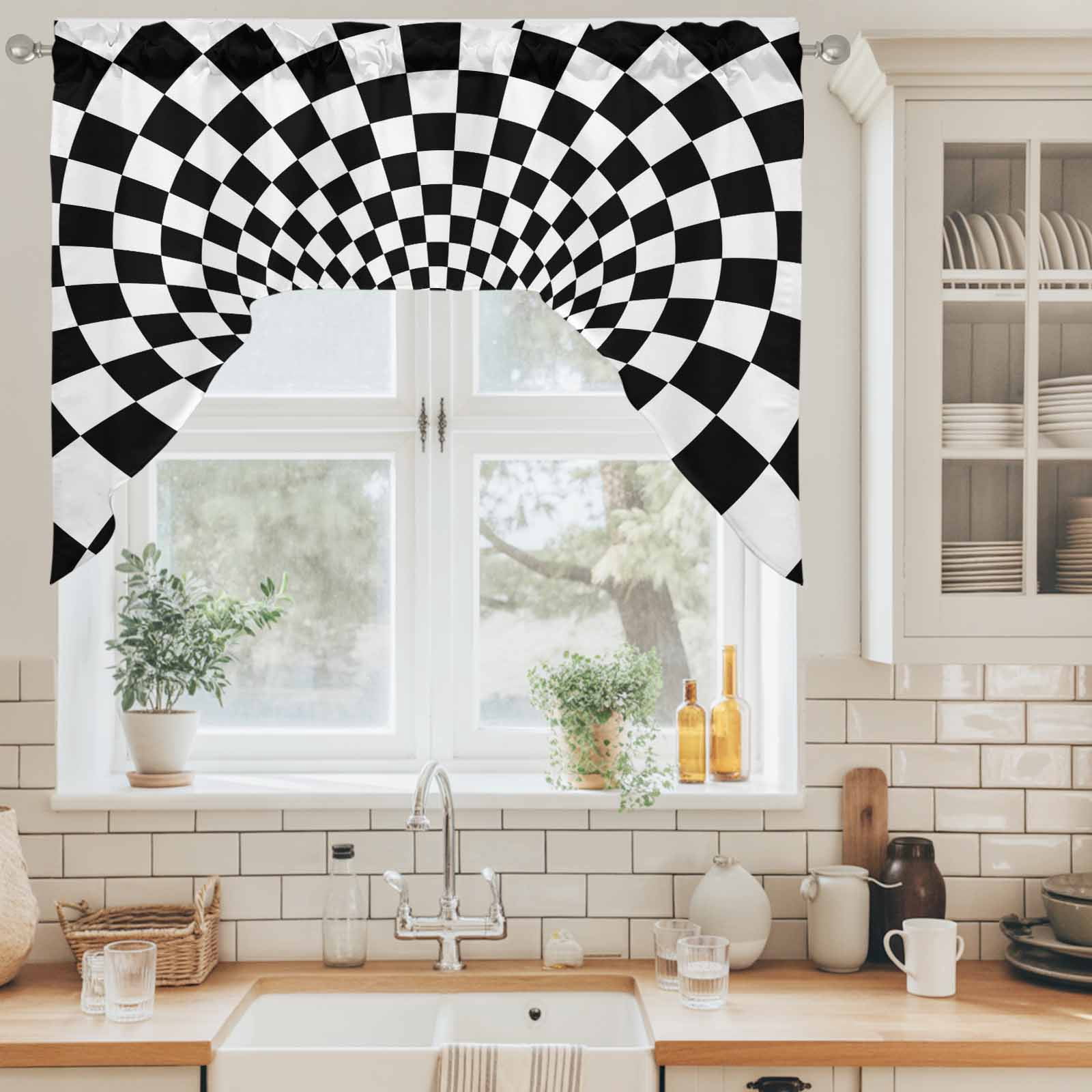 Black White Checker Swag Curtain Valance for Windows, Modern Abstract ...
