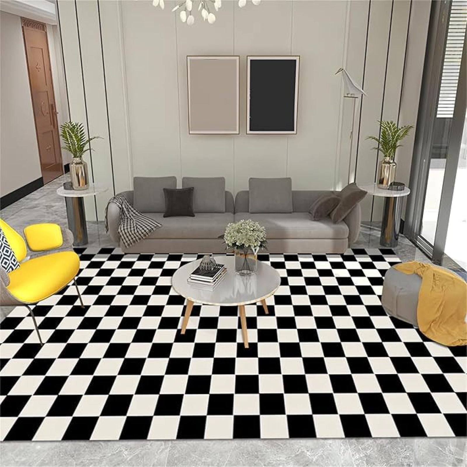 Black White Checkered Area Rug, Modern Lattice Non Slip Noise Reduction ...