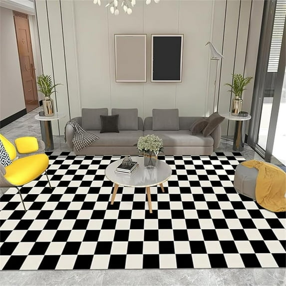 Black White Checkered Area Rug, Modern Lattice Non Slip Noise Reduction ...