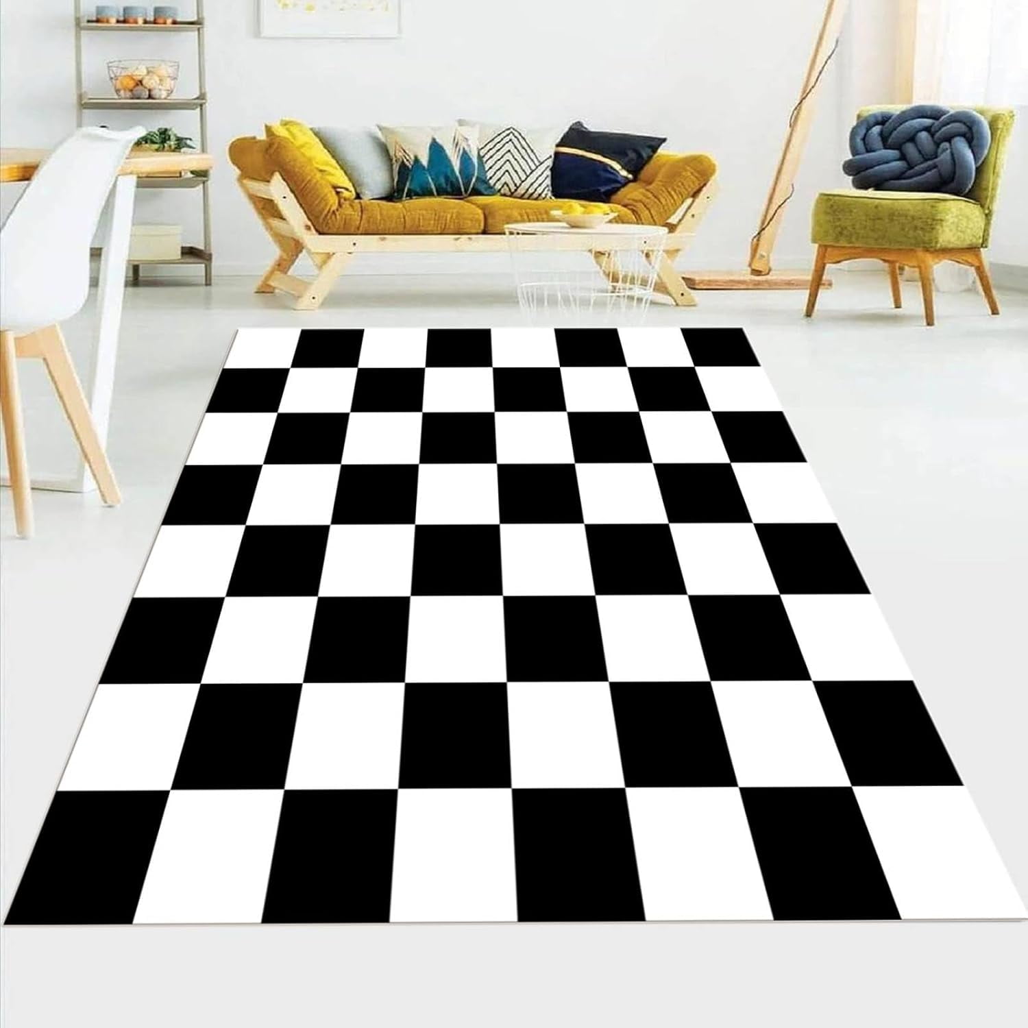 Black White Checkered Area Rugs, Irregular Stripes Rug, Washable Soft ...
